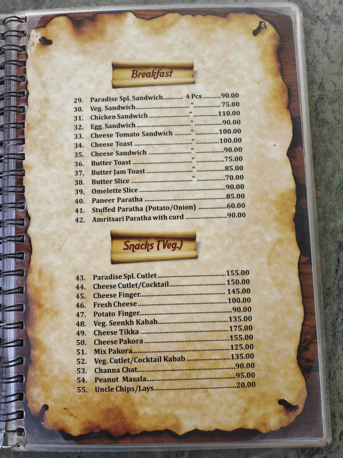 Menu at Paradise Resort, Ambala Cantt, CQGH+7CM