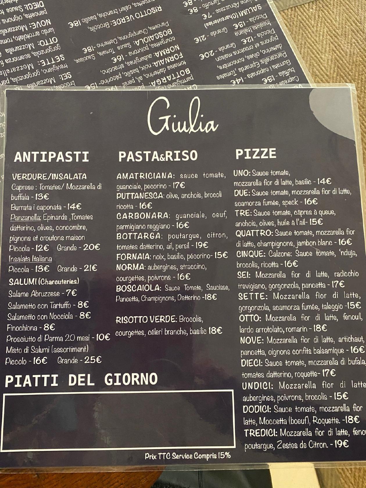 Menu at Ristorante Giulia restaurant, Paris, 26 Rue Edouard Jacques