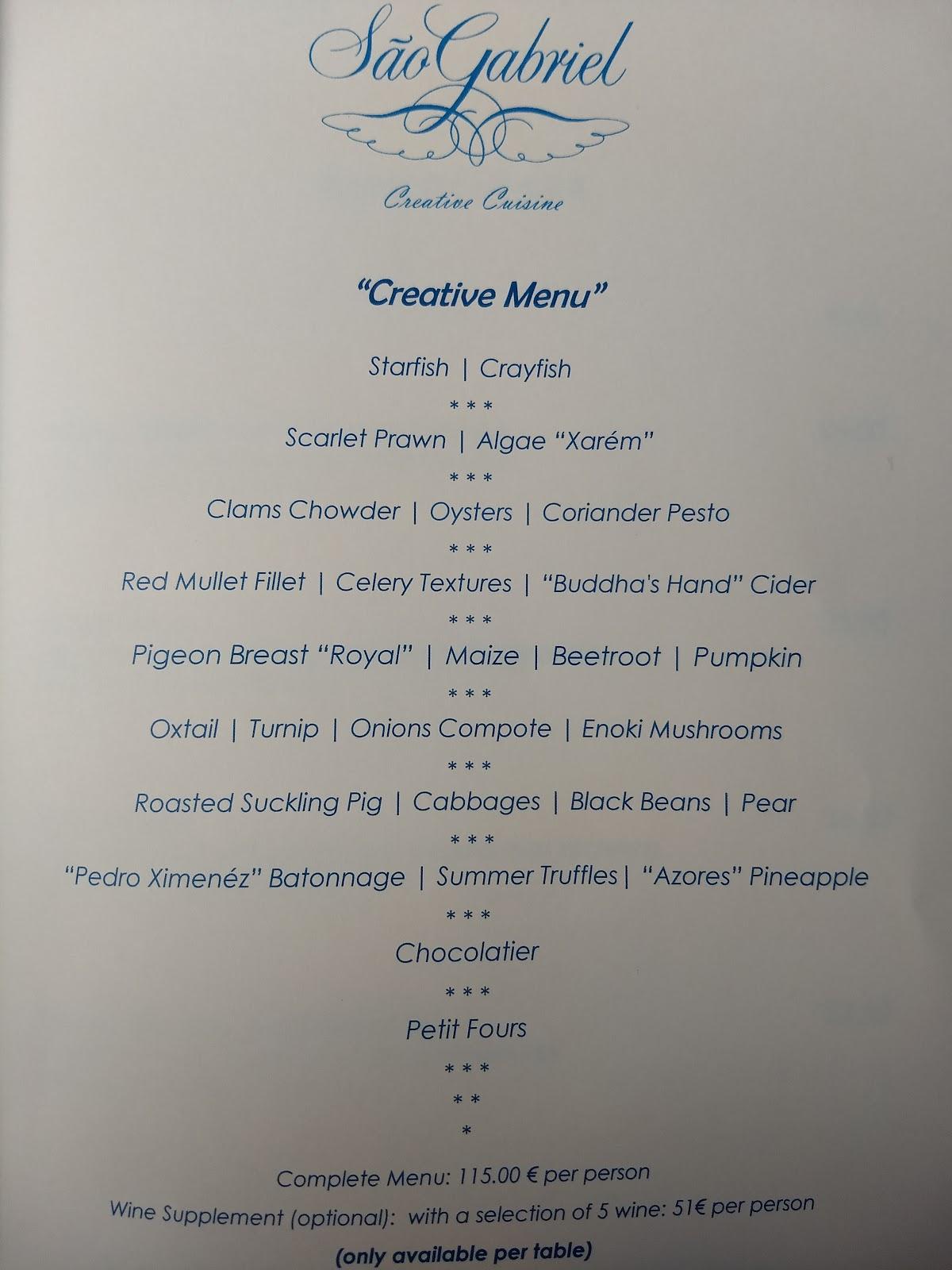 Menu em São Gabriel restaurante, Loulé