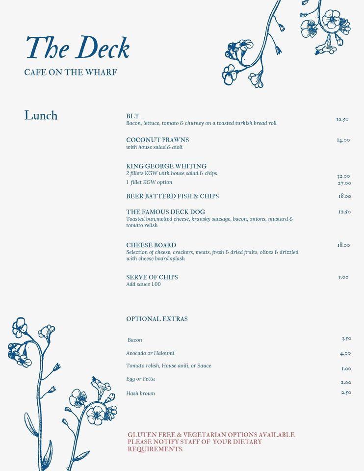 Menu at The Deck cafe on the wharf, American River, LOT 103 Tangara Dr