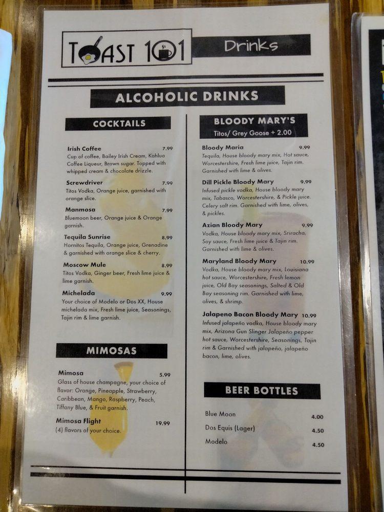 Menu at Toast 101 restaurant, Tucson