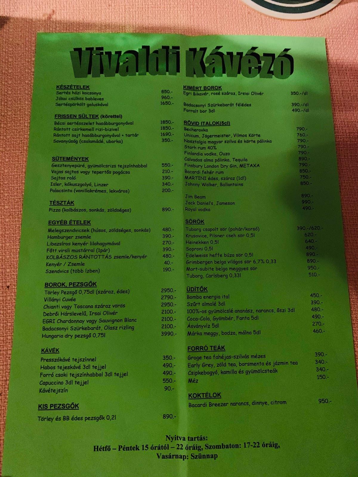 Menu at Vivaldi söröző pub & bar, Budapest