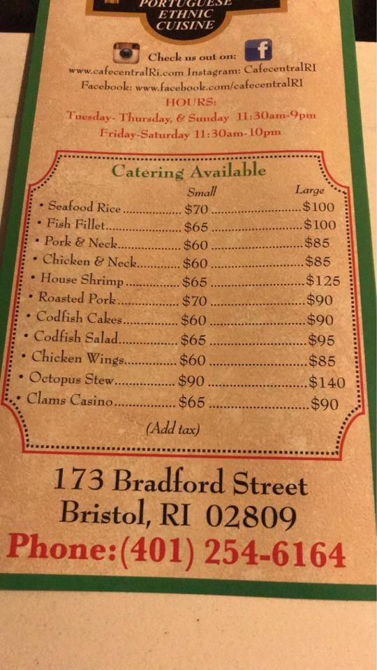 Menu at Cafe Central, Bristol