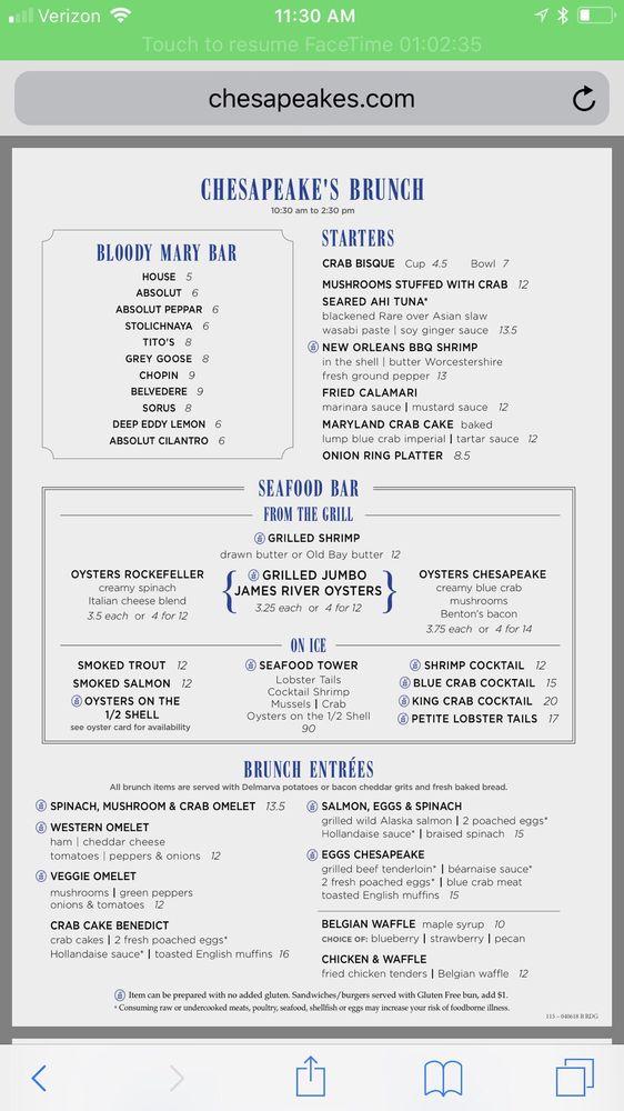Menu at Chesapeake's Seafood Restaurant, Knoxville, Parkside Dr