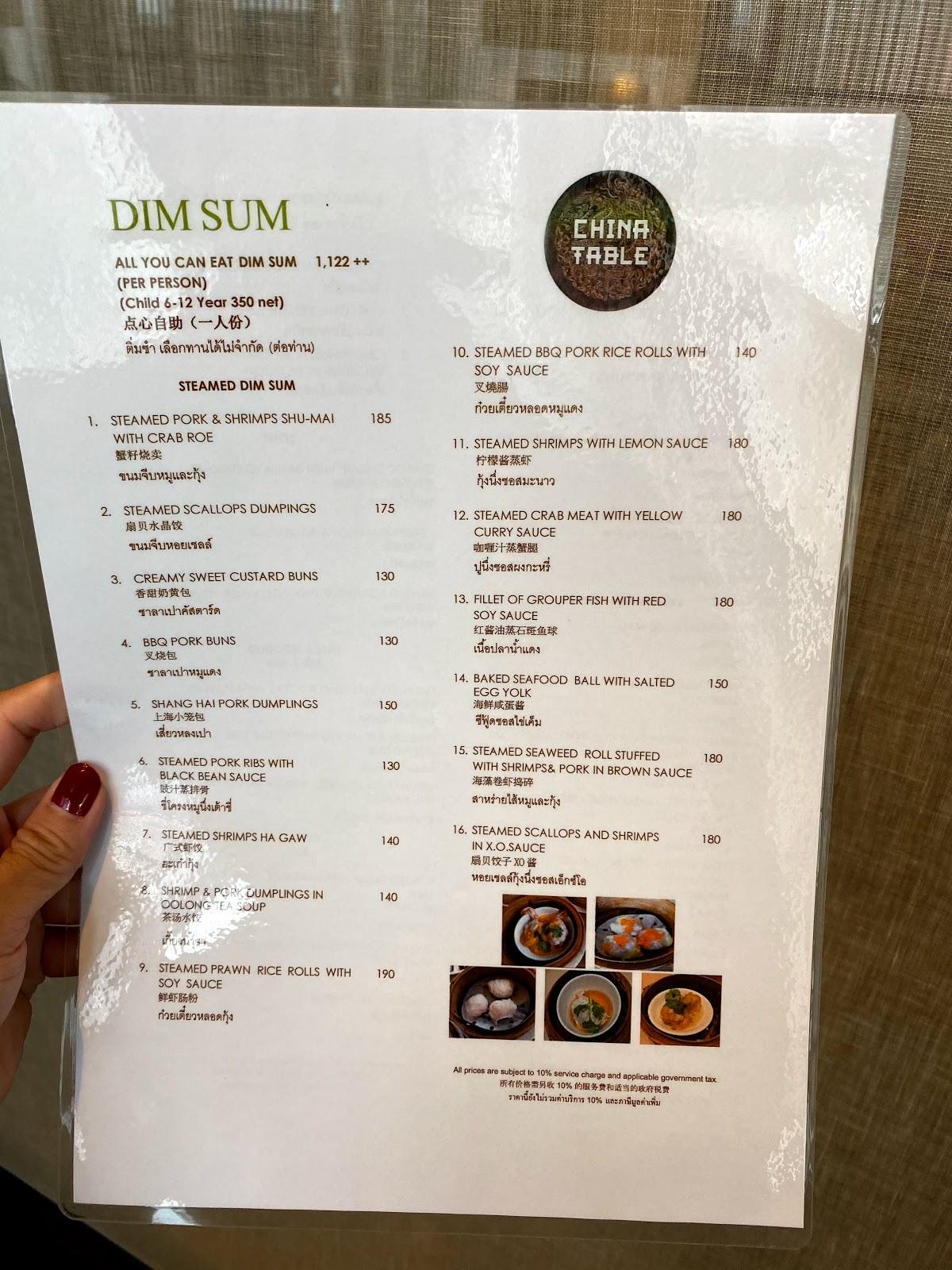 Menu at China Table restaurant, Bangkok