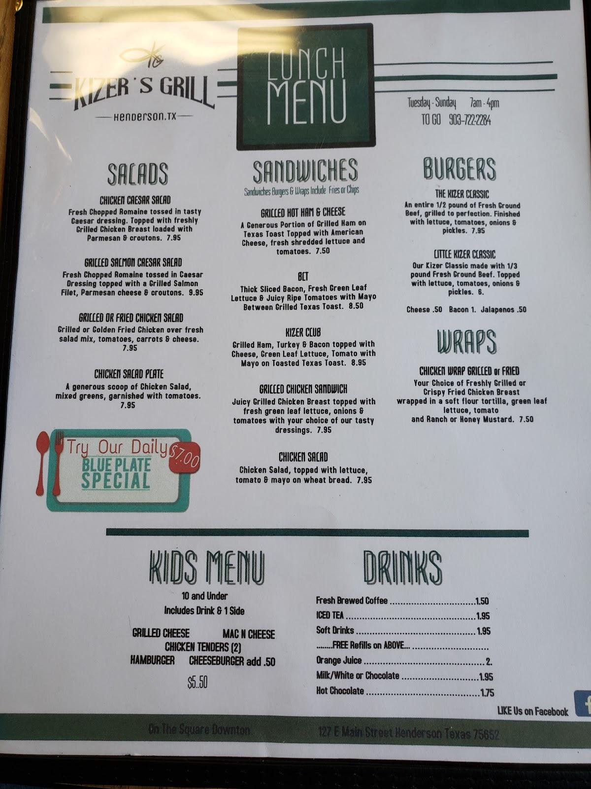 Menu at Kizer's Grill restaurant, Tyler, County Rd 165