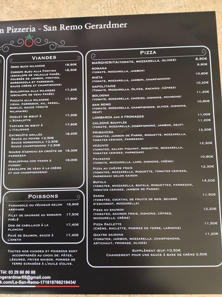Menu at Pizzeria San Remo, Gérardmer