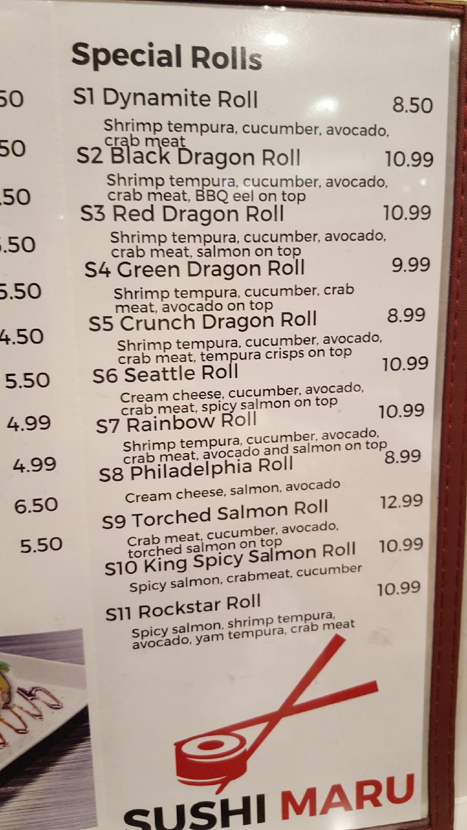 Menu at Sushi Maru restaurant, Belleville