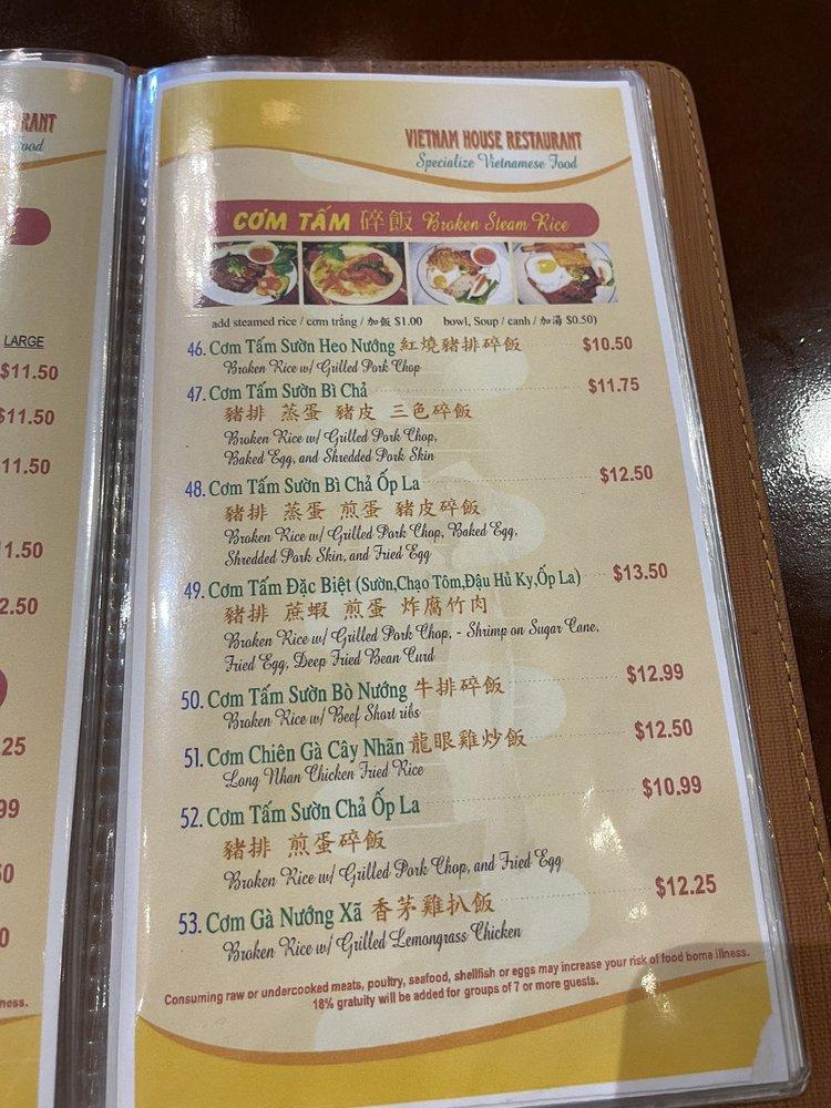 Menu at Vietnam House restaurant, Tukwila
