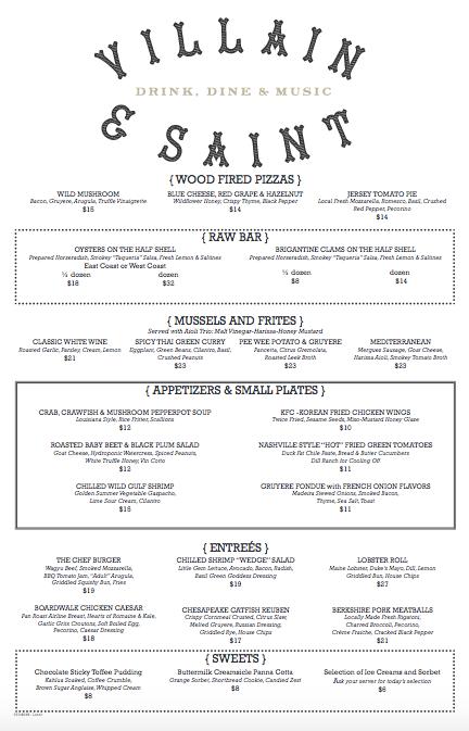 Menu at Villain & Saint restaurant, Atlantic City, 500 Boardwalk