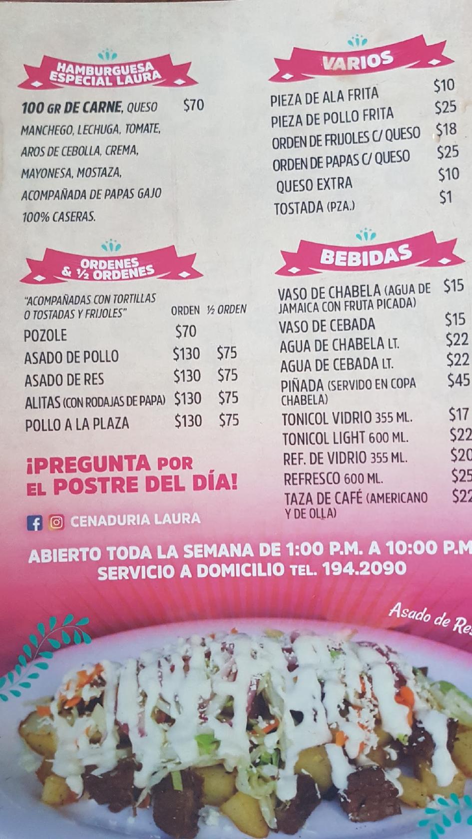 Carta del restaurante cenaduria Laura, Mazatlán, Av Gutiérrez Nájera 800
