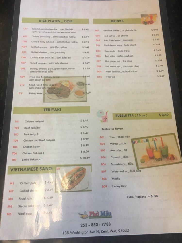 Menu at Pho Mau restaurant, Kent, 138 Washington Ave N