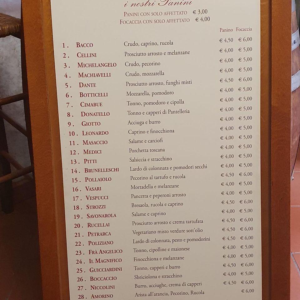 Menu at Amorini Panini e Vino Firenze pub & bar, Florence, Via dei Servi