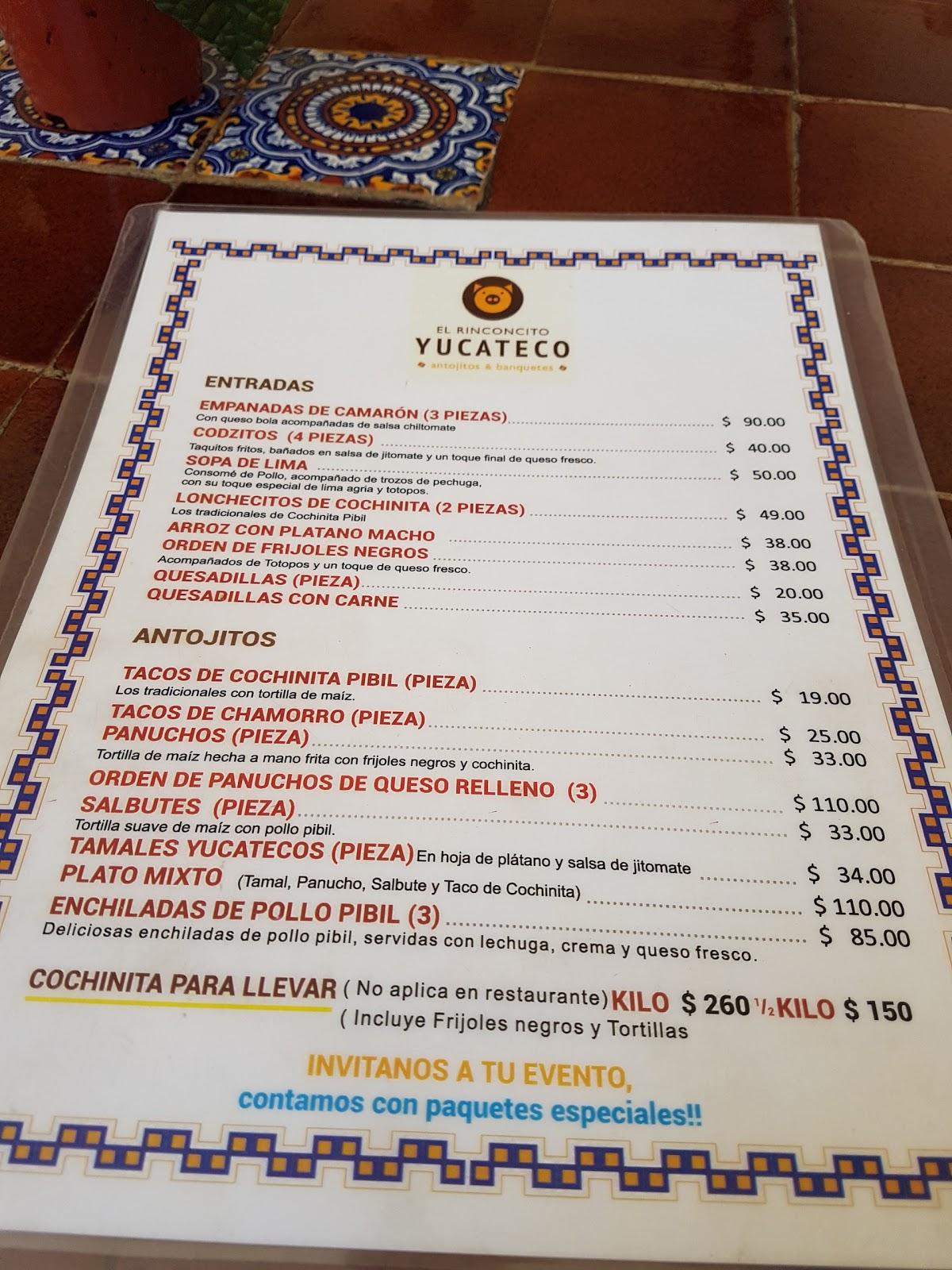 Carta del restaurante El Rinconcito Yucateco, Zapopan, Al Arroyo 127-A