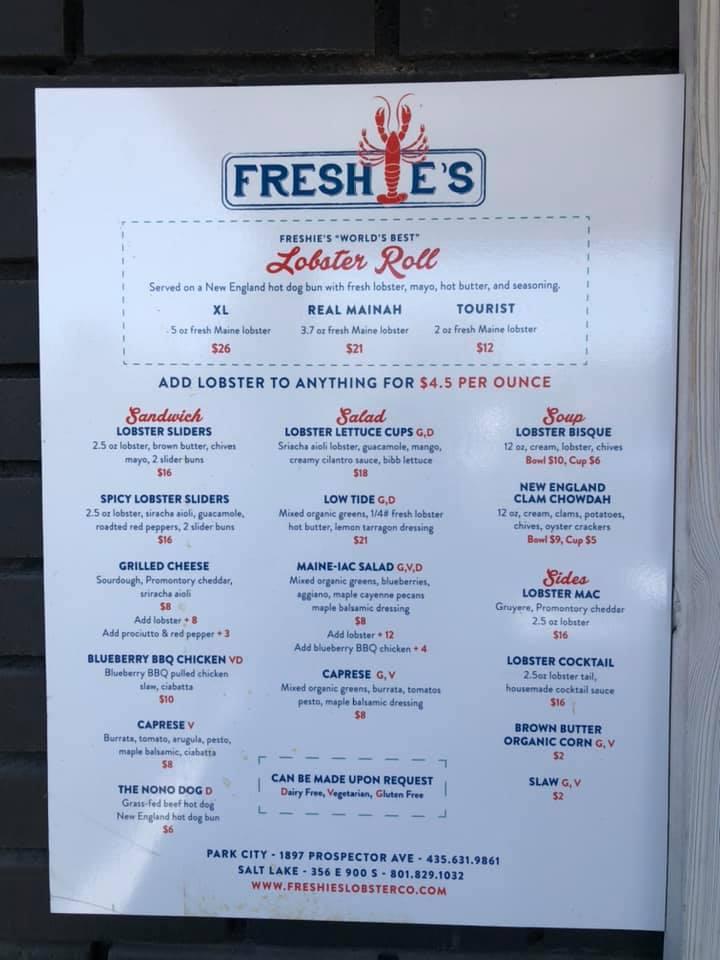 Menu at Freshies Lobster Salt Lake City restaurant, Salt Lake City