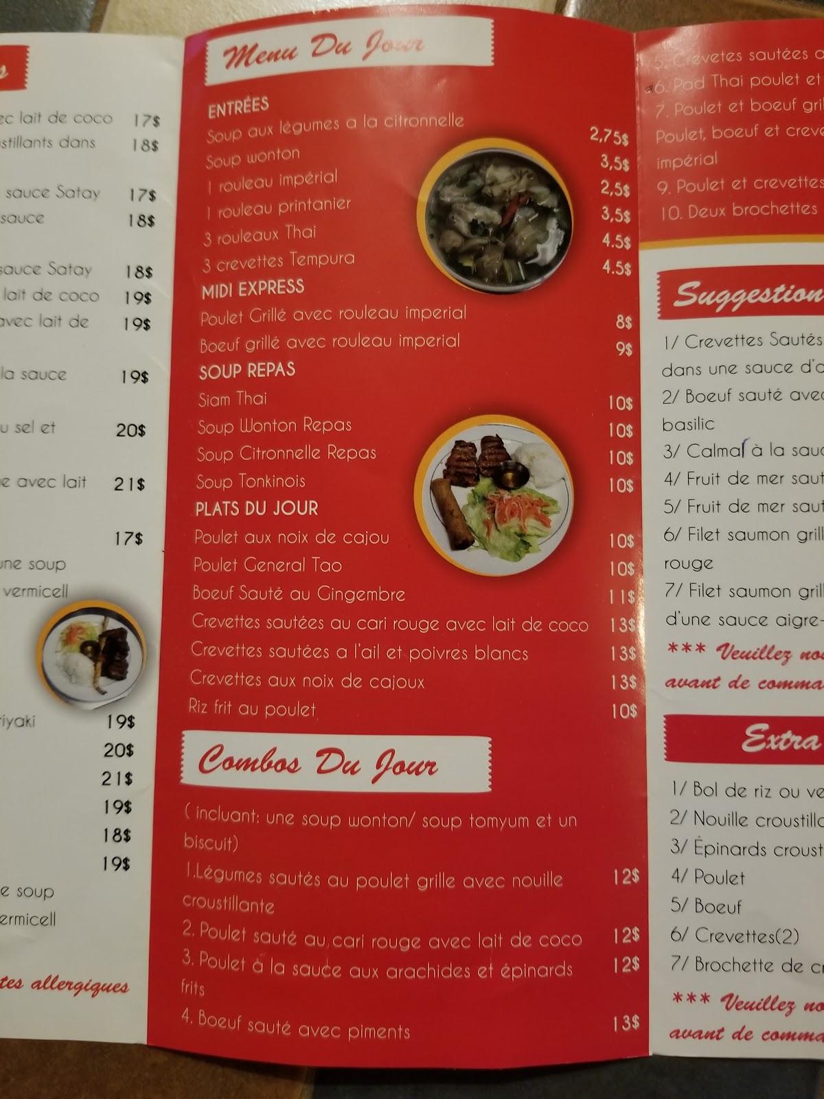 Menu at Restaurant du Siam Thai, Repentigny