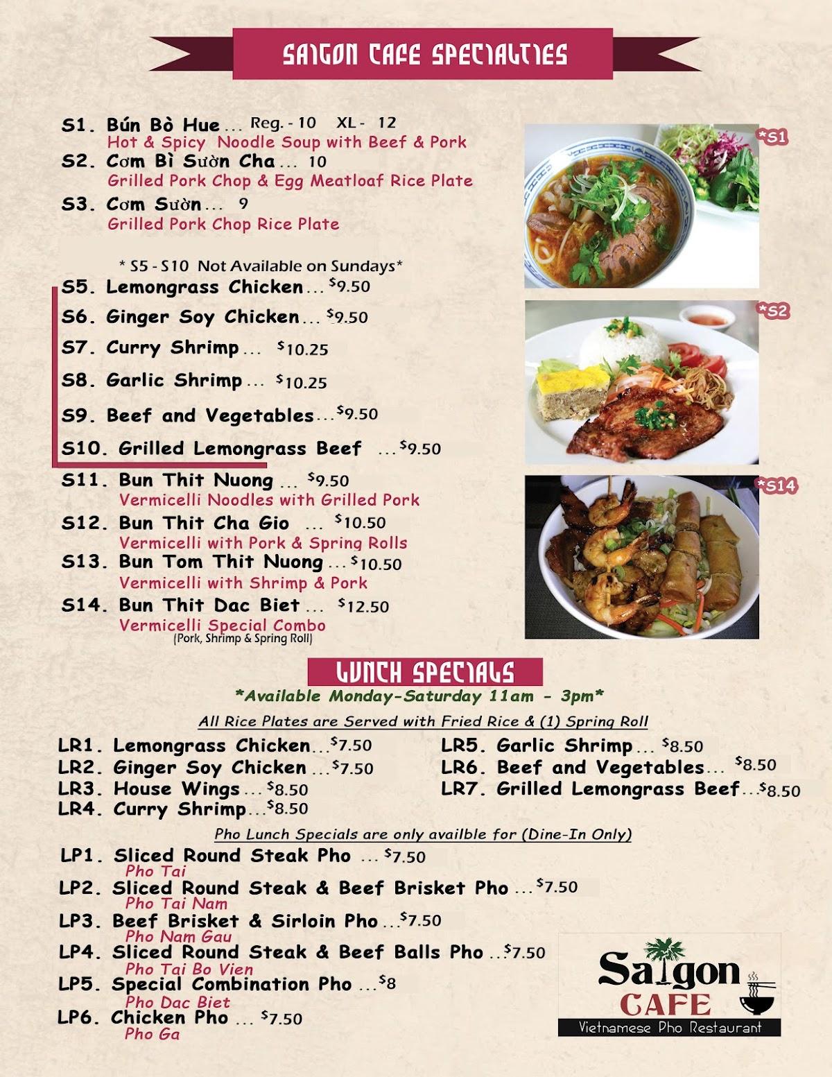 Menu at Saigon Cafe, Myrtle Beach