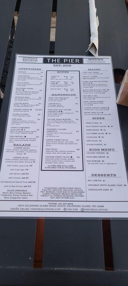 Menu at The Pier Restaurant (Solomons Island, MD), Solomons