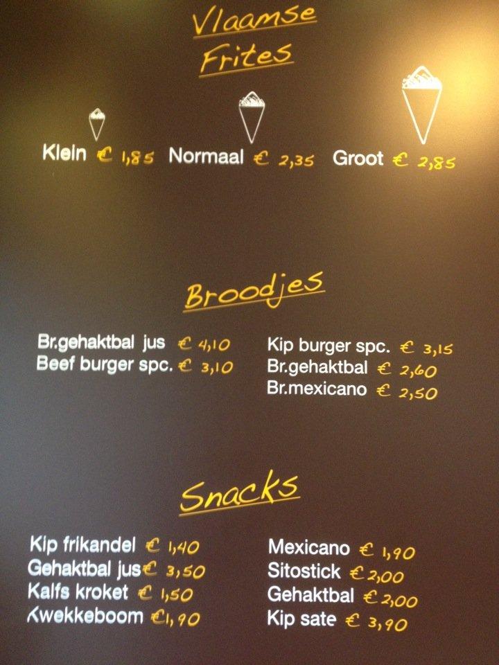Menu at Vlaamse Frites, Amsterdam