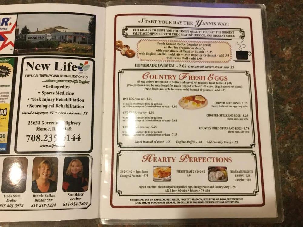 Menu at Yannis Cafe, Manteno
