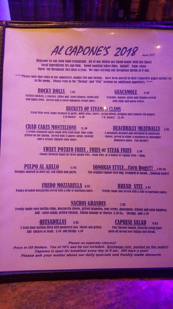 Menu at Al Capone's Seafood and Pizzeria, Puerto Peñasco