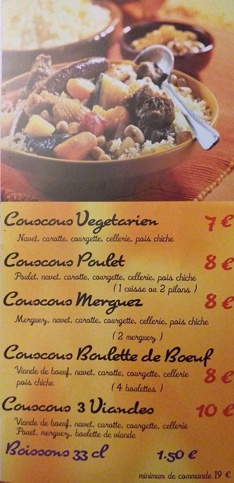 Menu at Couscous restaurant, Paris, Rue pierre semard