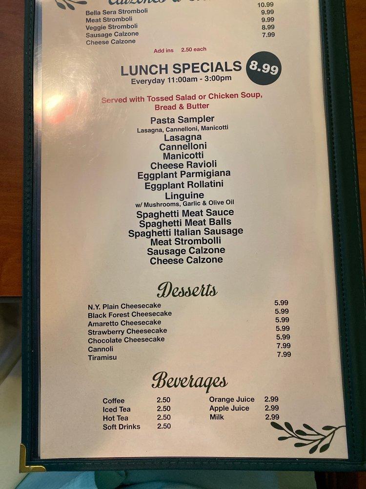 Menu at Bella Sera Bulverde restaurant, Spring Branch