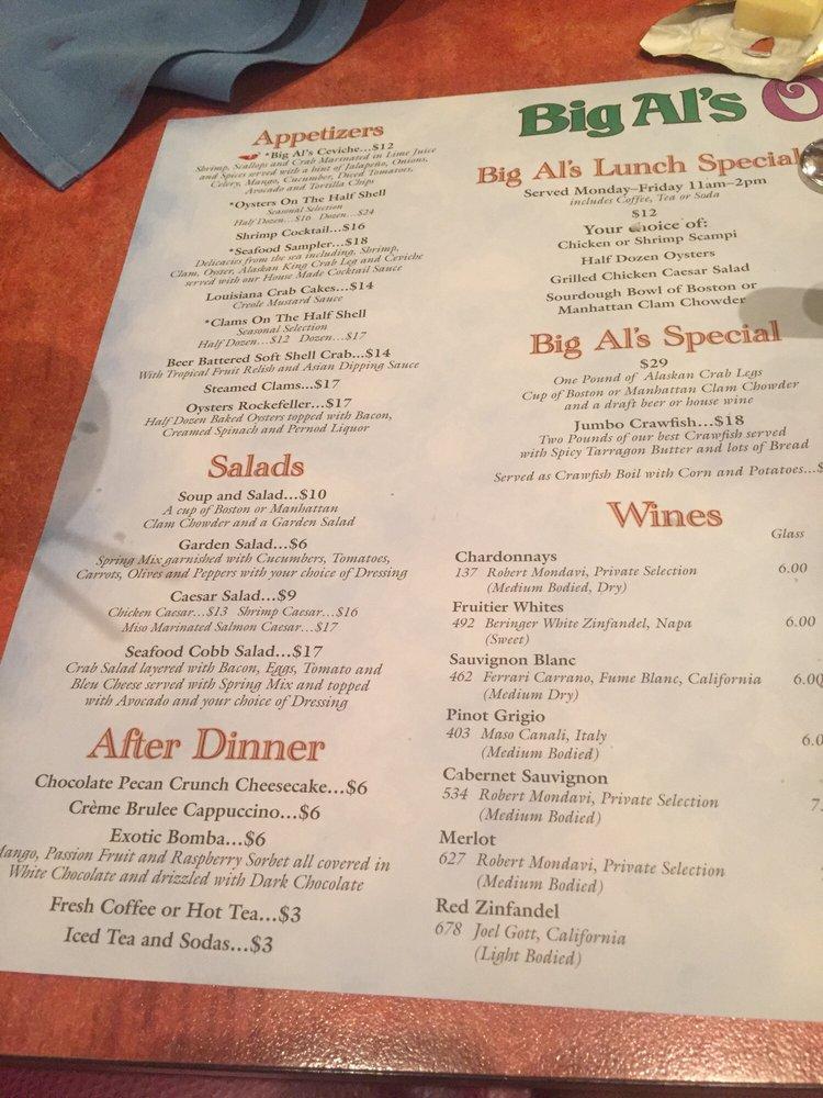 Menu at Big Al's Oyster Bar, Las Vegas, W Tropicana Ave