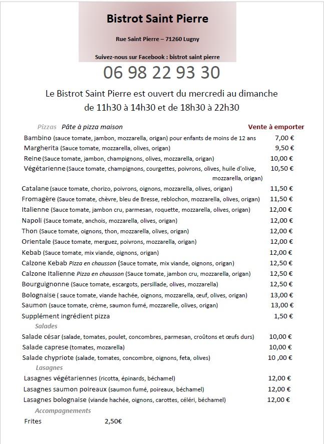 Menu at Bistrot Saint-Pierre restaurant, Lugny