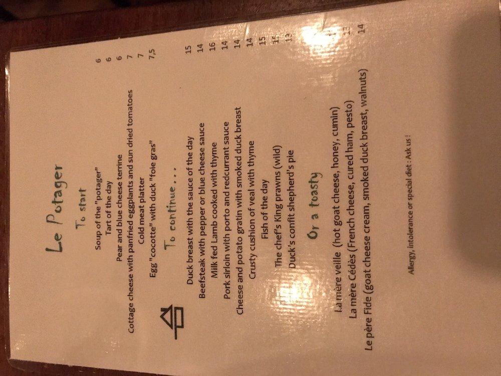 Menu at Le Potager du Père Thierry restaurant, Paris