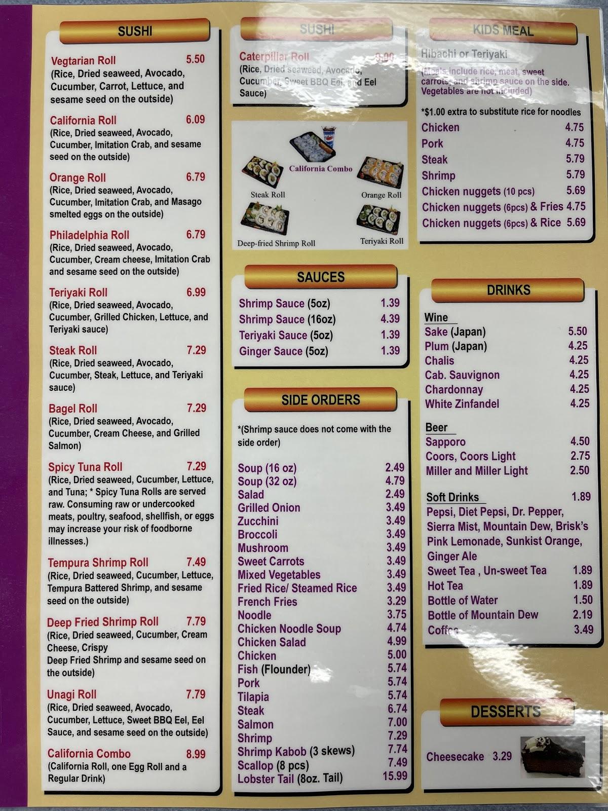 Menu at Tokyo Bistro restaurant, Wingate