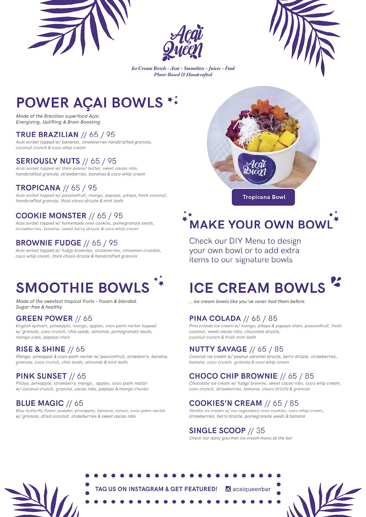 Menu at Acai Queen cafe, Ubud, Jl. Monkey Forest No.15