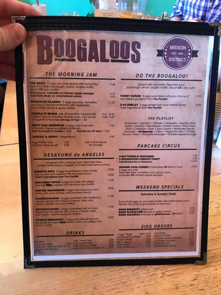 Menu at Boogaloo's Brunch Pop-Up restaurant, San Francisco