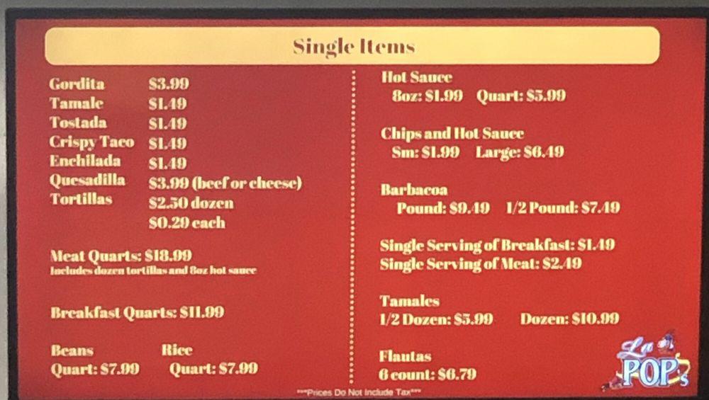Menu at La Pop's restaurant, Abilene
