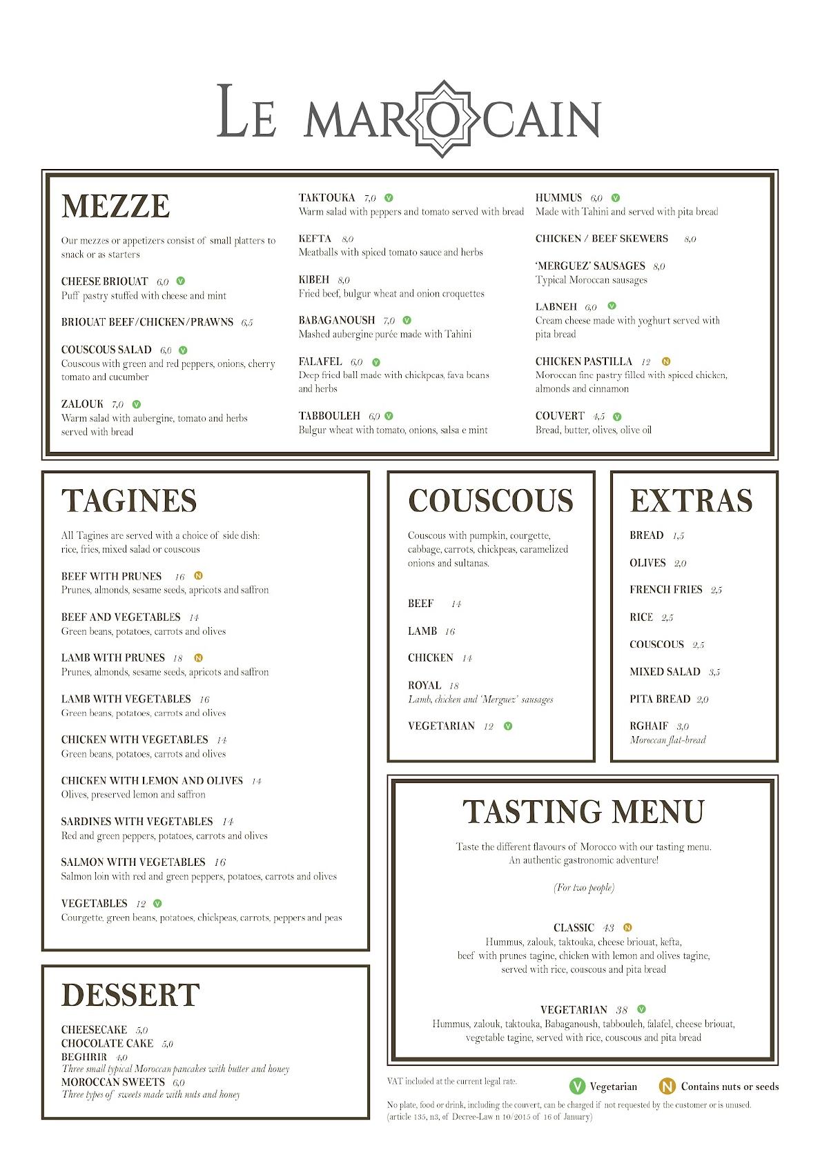 Menu em Le Marocain restaurante, Cascais
