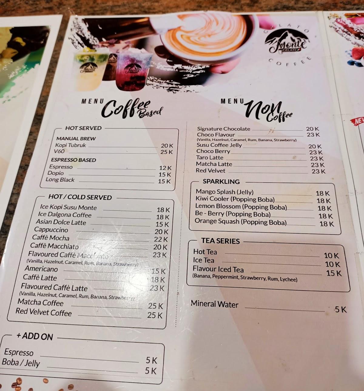 Menu at Monte Gelato & Coffee cafe, Salatiga