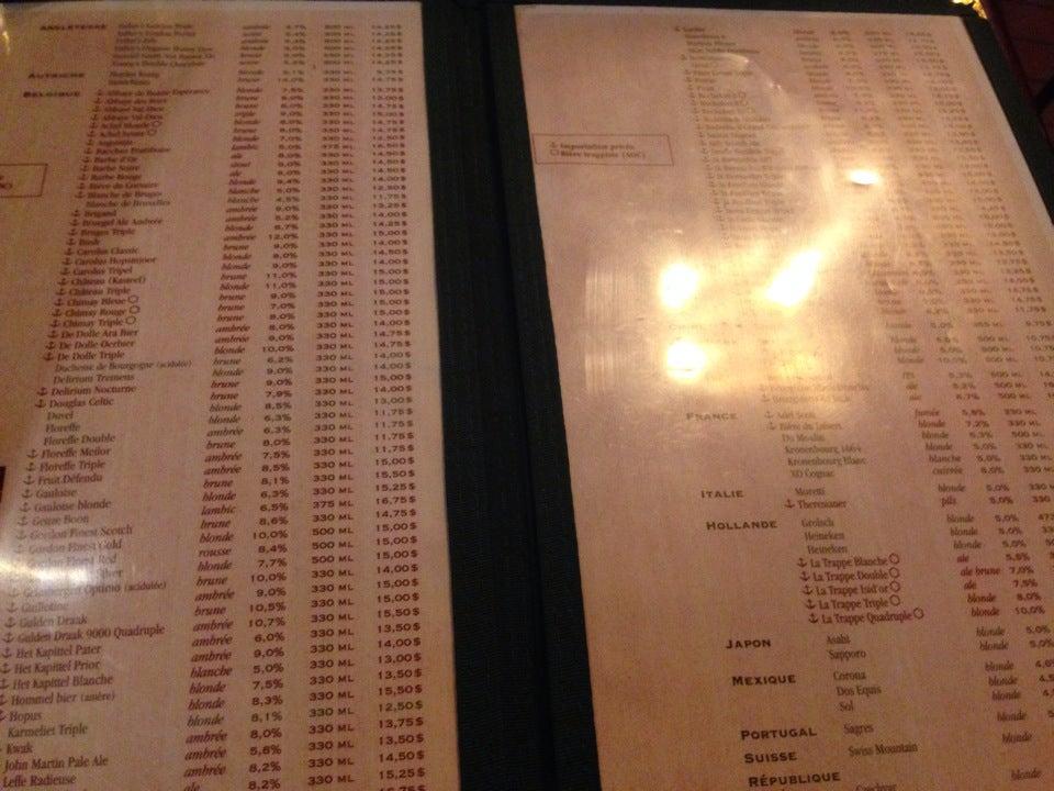 Menu at Pub St-Alexandre, Québec City