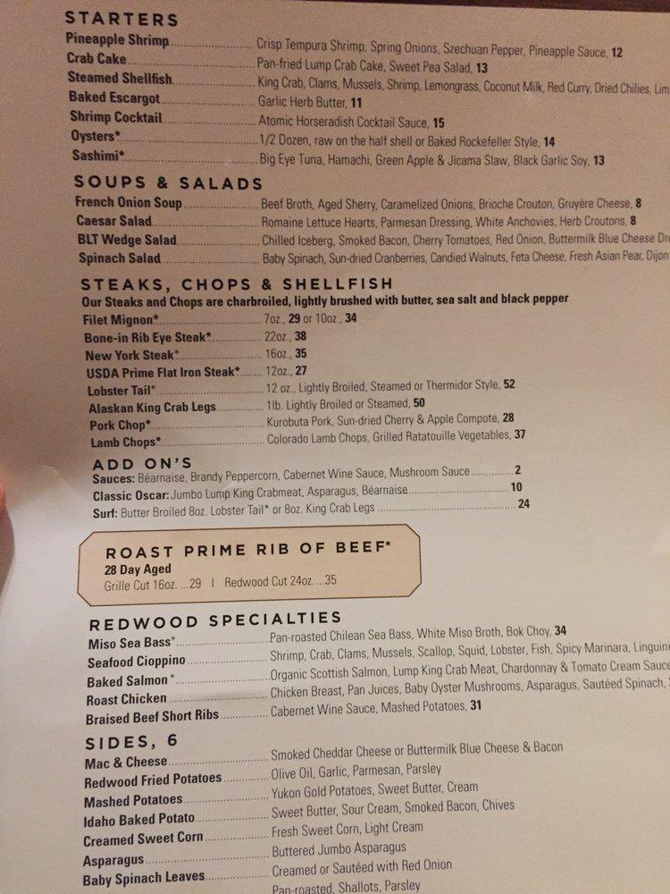 Menu at Redwood Steakhouse, Las Vegas