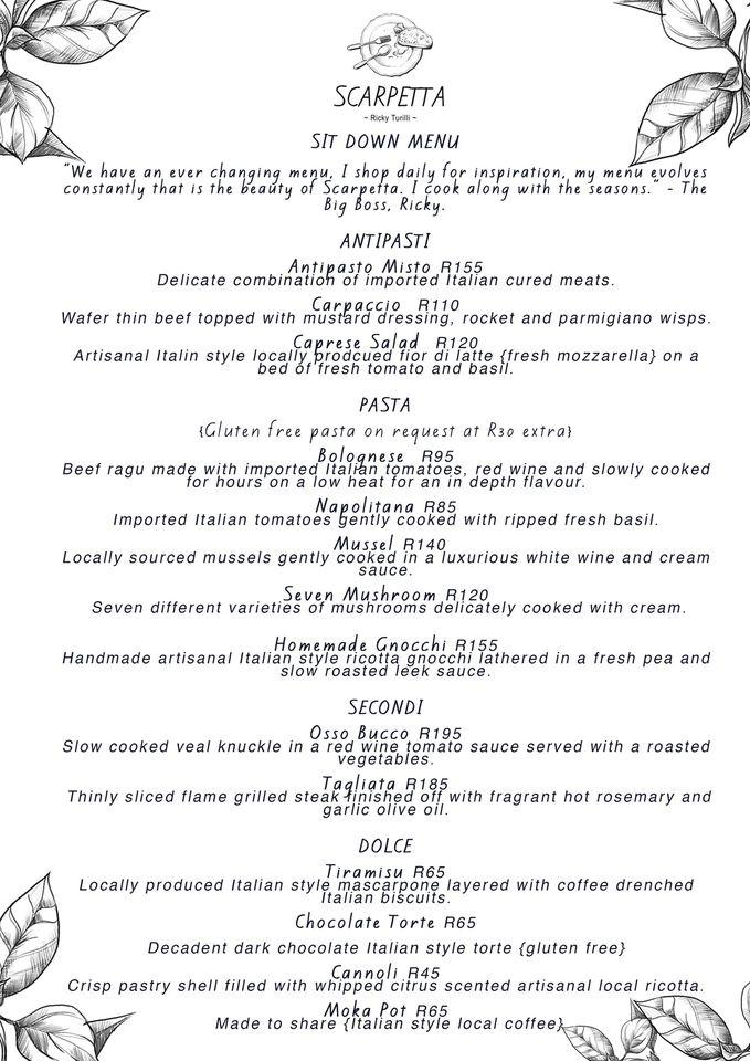 Menu at Scarpetta restaurant, Cape Town