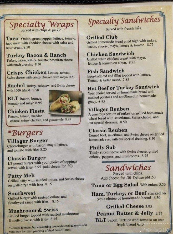 Carta de Villager Restaurant, Lewiston