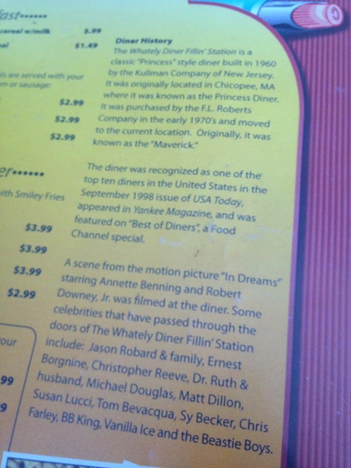 Menu at Whately Diner restaurant, Whately