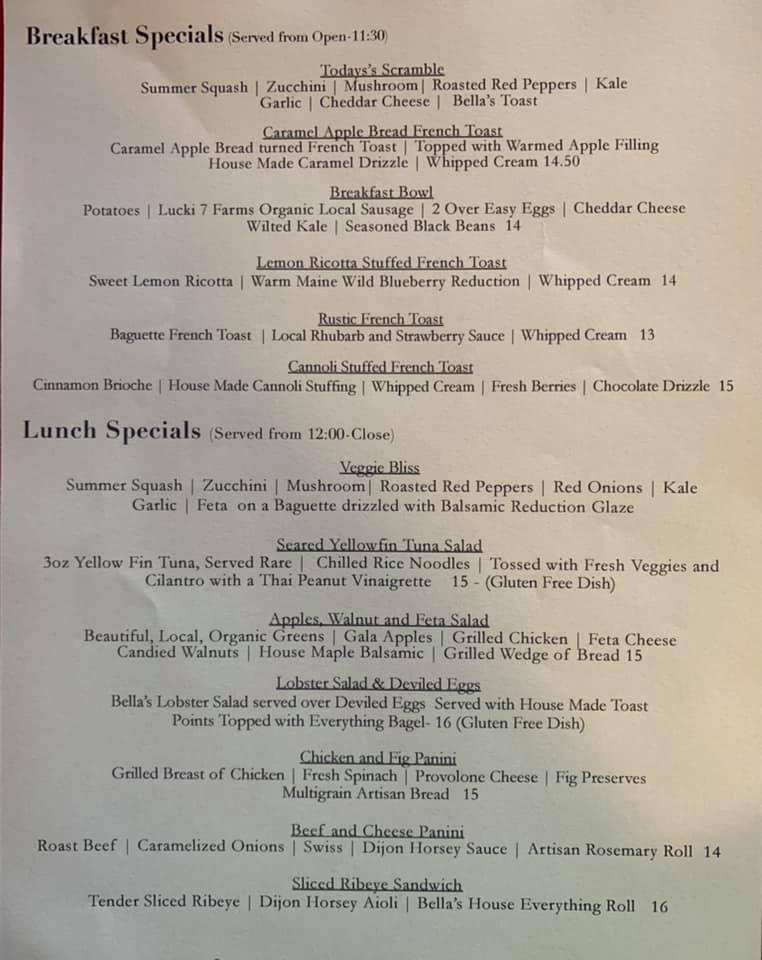 Menu at Bella's restaurant, Clayton