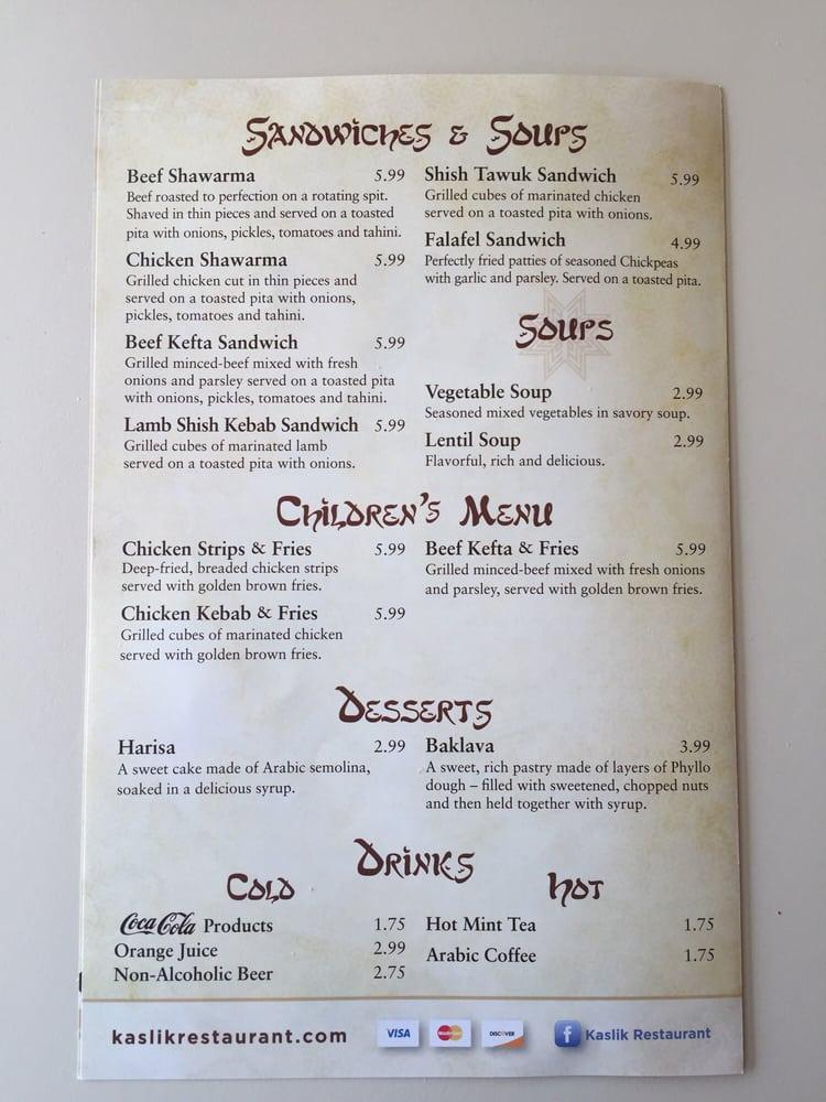 Menu at Kaslik Mediterranean Cuisine restaurant, Hazelwood
