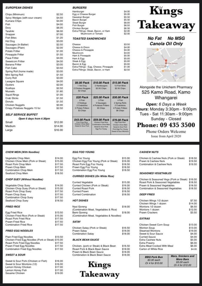 Menu at Kings Takeaways Whangarei restaurant, Whangarei