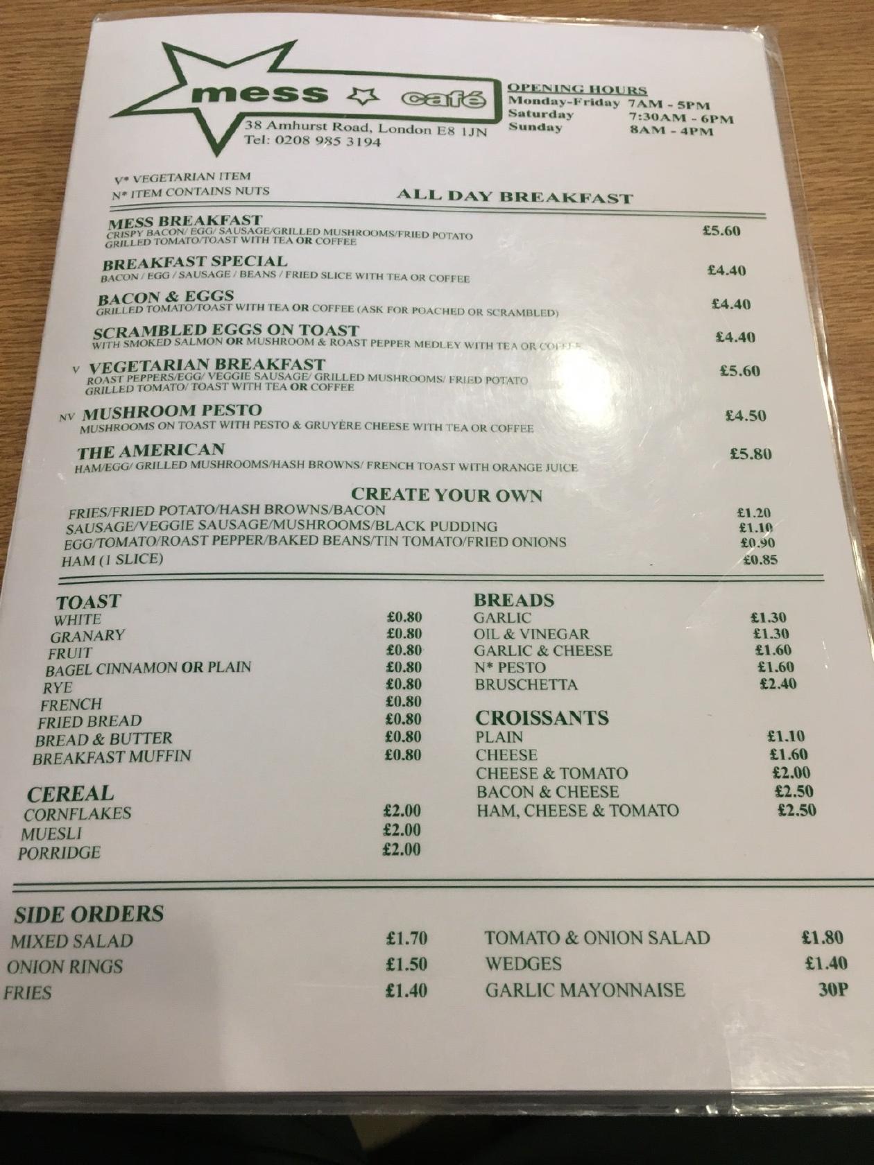 Menu at Mess Cafe, London, 38 Amhurst Rd