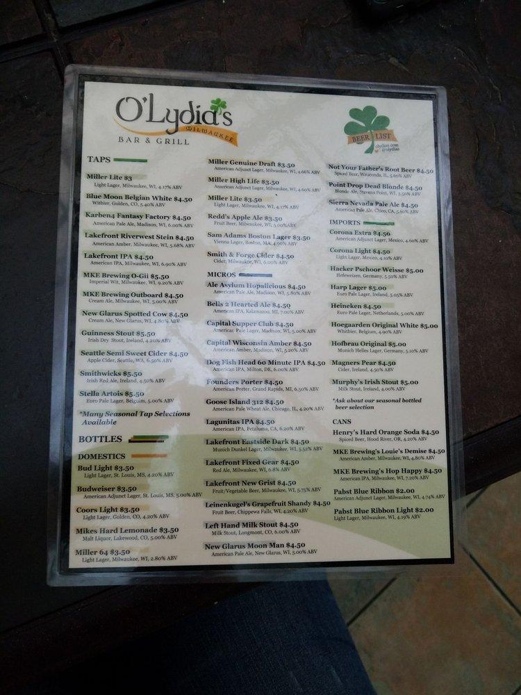 Menu at O'Lydia's Bar and Grill, Milwaukee