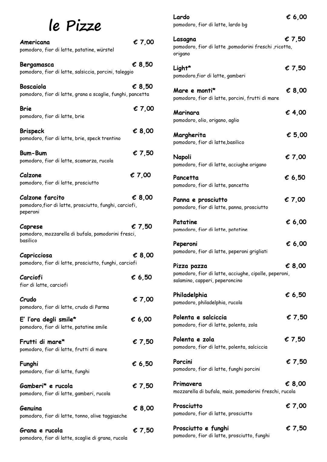 Menu da Pizzeria Serena, Alzano Lombardo