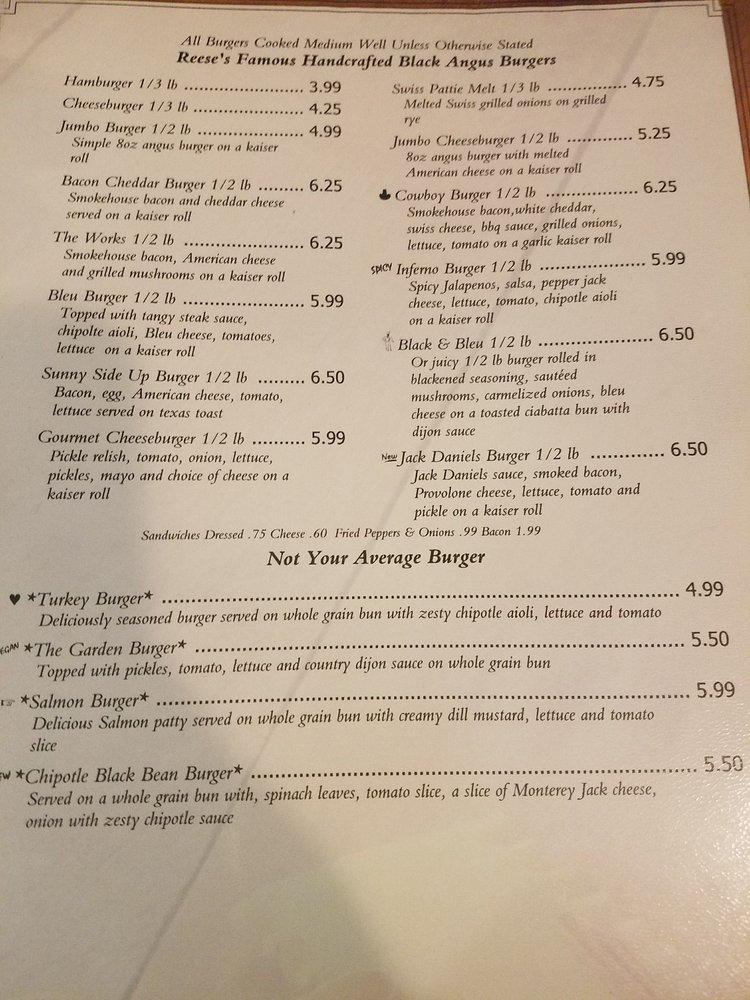 Menu at Reese's restaurant, Sayre