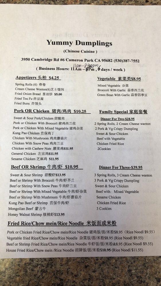 Menu at Yummy Dumplings restaurant, Cameron Park