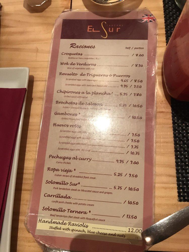 Menu at Taberna El Sur pub & bar, Madrid